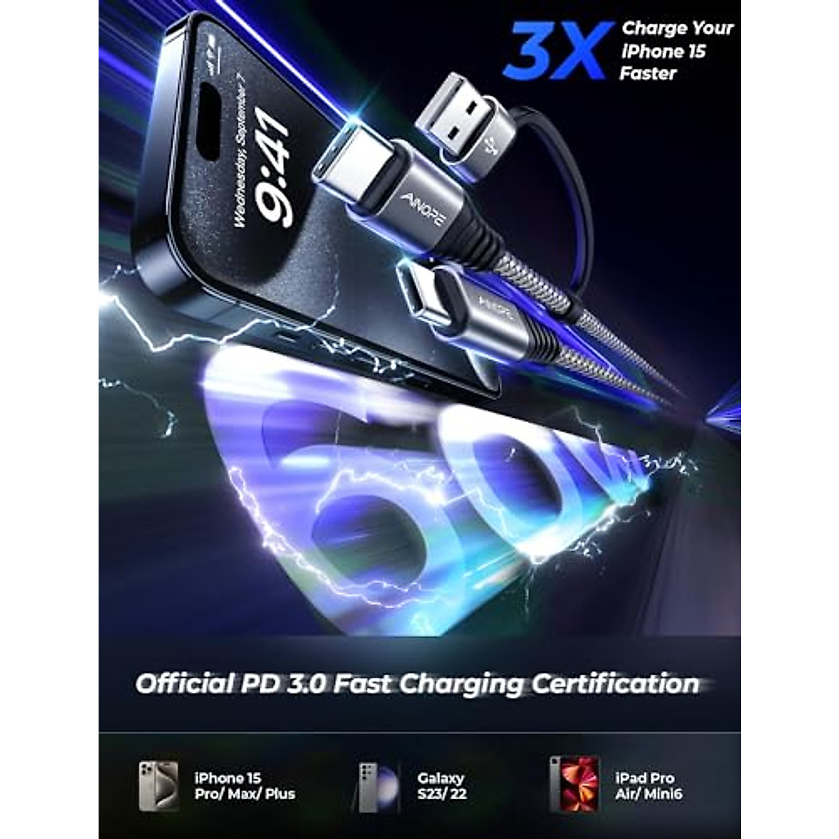 AINOPE USB C to USB C Cable [60W, 6FT] C to C Type Fast Charging Cable with Removable USB C to USB Adapter, Fast Charge USB C Cable for iPad Pro Air Galaxy