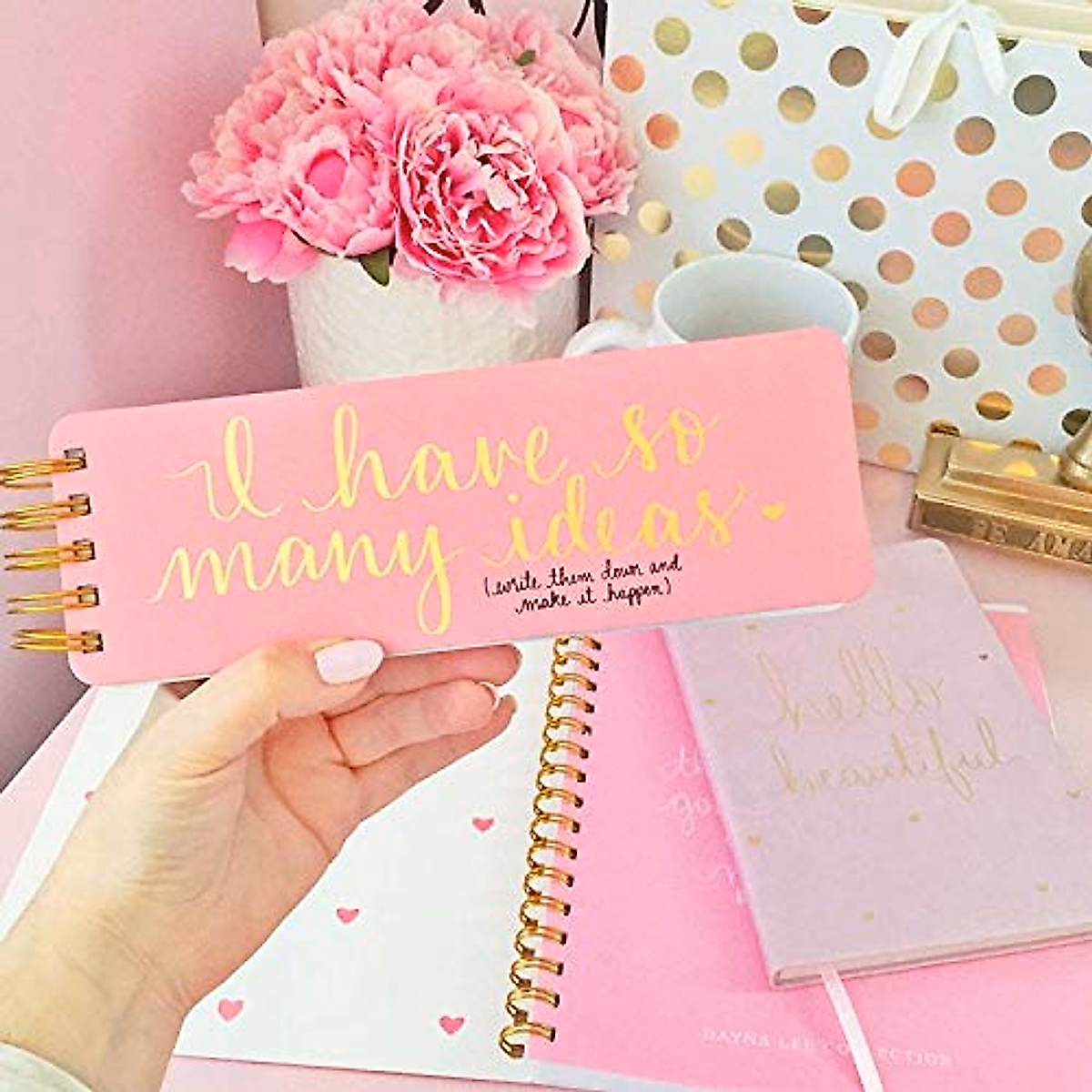Eccolo Dayna Lee Collection Go-Getter Pink"I Have So Many Ideas" 3" x 8.5" Hardcover Spiral Memo Pad, 300 Pages