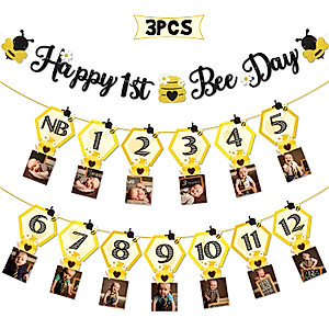 3PCS Happy Bee Day Party Decorations, Bumble Honey Bee 1st Birthday Baby Photo Banner for Newborn to 12 Months, Monthly Milestone Photograph Bunting Garland, First Birthday Celebration Decorations