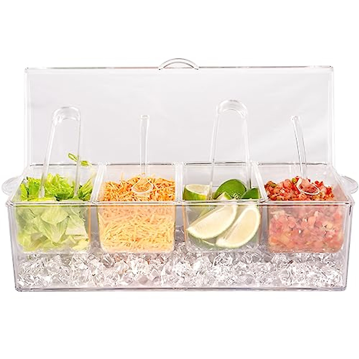 Ice Chilled 4 Compartment Condiment Server Caddy - Serving Tray Container with 4 Removable Dishes and Hinged Lid | 3 Serving Spoons + 3 Tongs Included