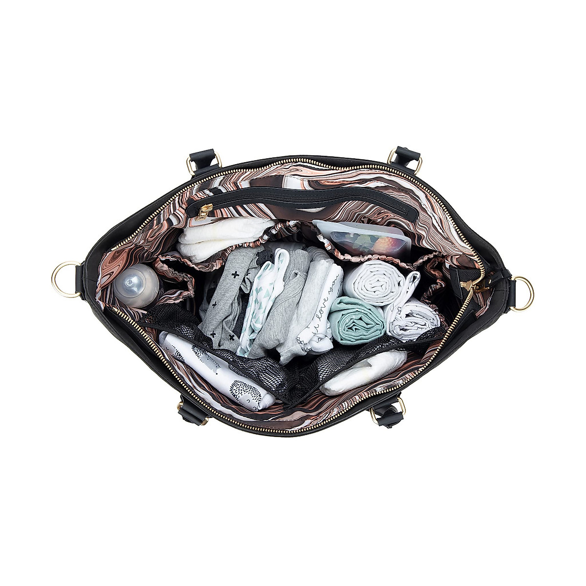 JuJuBe | Eco Tote Bag, Fashion Diaper Bag Tote for Moms with 3 Exterior Pockets, 11 Interior Pockets, and Wipe-Clean Microfiber Changing Pad | Black Catwalk 15 in x 13 in x 5 in