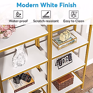 LITTLE TREE 4-Tier Arched Bookshelf, Tall Open Bookcase Storage Shelves, Wood Metal Freestanding Display Rack Tall Shelving Unit for Home Office, Bedroom, Living Room, White & Gold