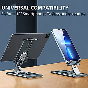 ULIKTO Foldable Cell Phone Stand Height Angle Adjustable Aluminum Desktop Phone Holder Cradle Dock Pocket Portable Mount for iPhone, Samsung Galaxy, iPad Mini, Tablets Up to 12” (Grey)