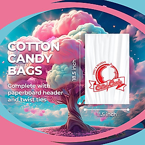 100 Cotton Candy Bags with Ties – 18.5" X 11.5" Thick Printed Bulk Cotton Candy Machine Supplies | Large Candy Bag Holder | Concession Stand Carnival Candy Bags