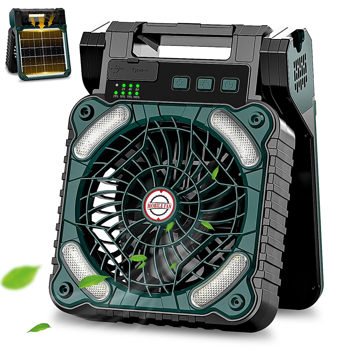 Sendowtek Portable Battery Fan with Solar Panel, 10400mAh Rechargeable Fan with Timer LED Light Small USB Battery Powered Camping Fans for Travel Picnic Outdoor Indoor Cooling Sleeping (Green)