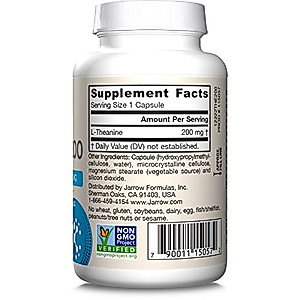 Jarrow Formulas Extra Strength Theanine 200 mg, Dietary Supplement That Promotes Relaxation, Amino Acid Supplement for Relaxation Support, 60 Veggie Capsules, 60 Day Supply
