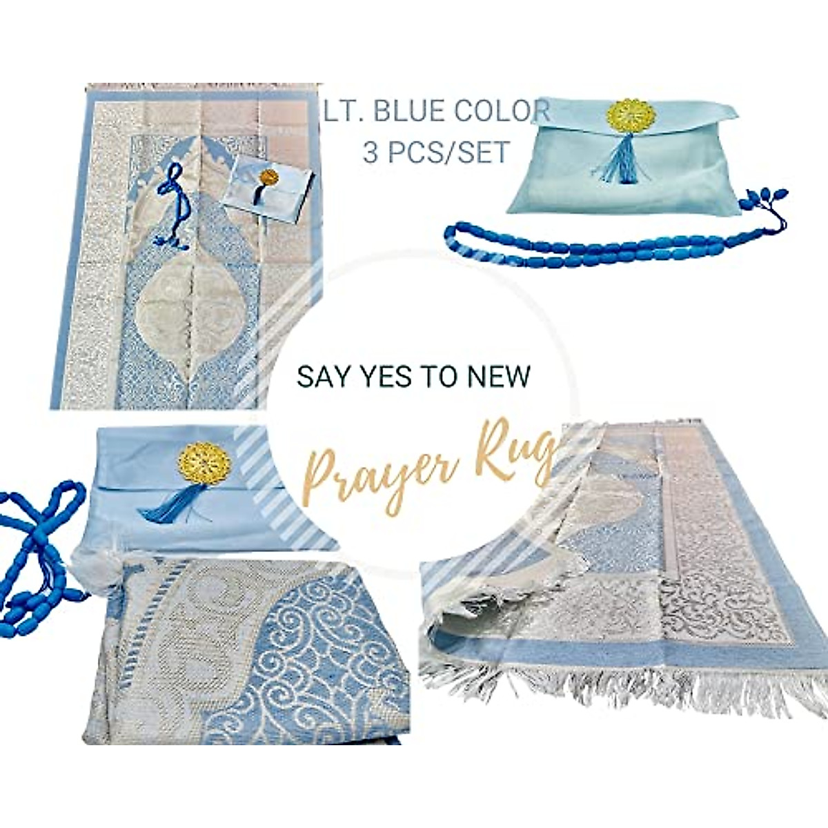 Islamic Prayer Mat, Turkish Prayer Rug with Pouch and Ornament Sealing, Portable Prayer Mat with Handy Pouch, Islamic Carpet Pad Ideal for Travelling (44"x26” with Free Tasbeeh) (Blue)