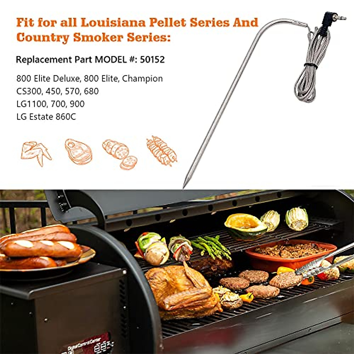 2-Pack Temperature Meat Probe Replacement for All Louisiana Pellet Grills and Smoker Grills, 3.5mm Plug Waterproof BBQ Thermometer Probe Comes with Probe Clip Holder