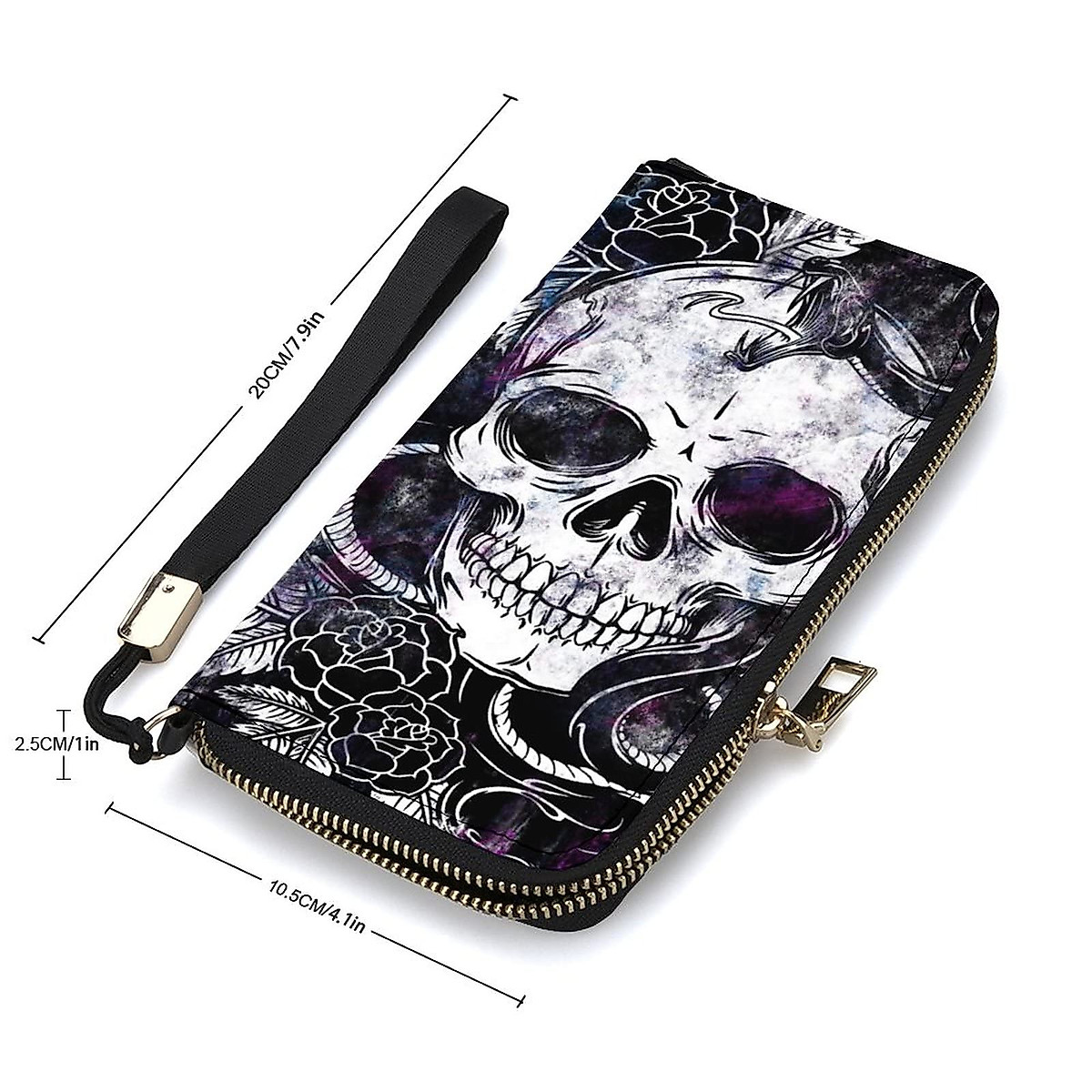 QSMX Wallets for Women Teen Girls Boys,Cool Skull Snake Rose Gothic Style Card Cash Envelope Clutch Bag Customize Leather Long Handbag Case with Removable Wristlet Chaines