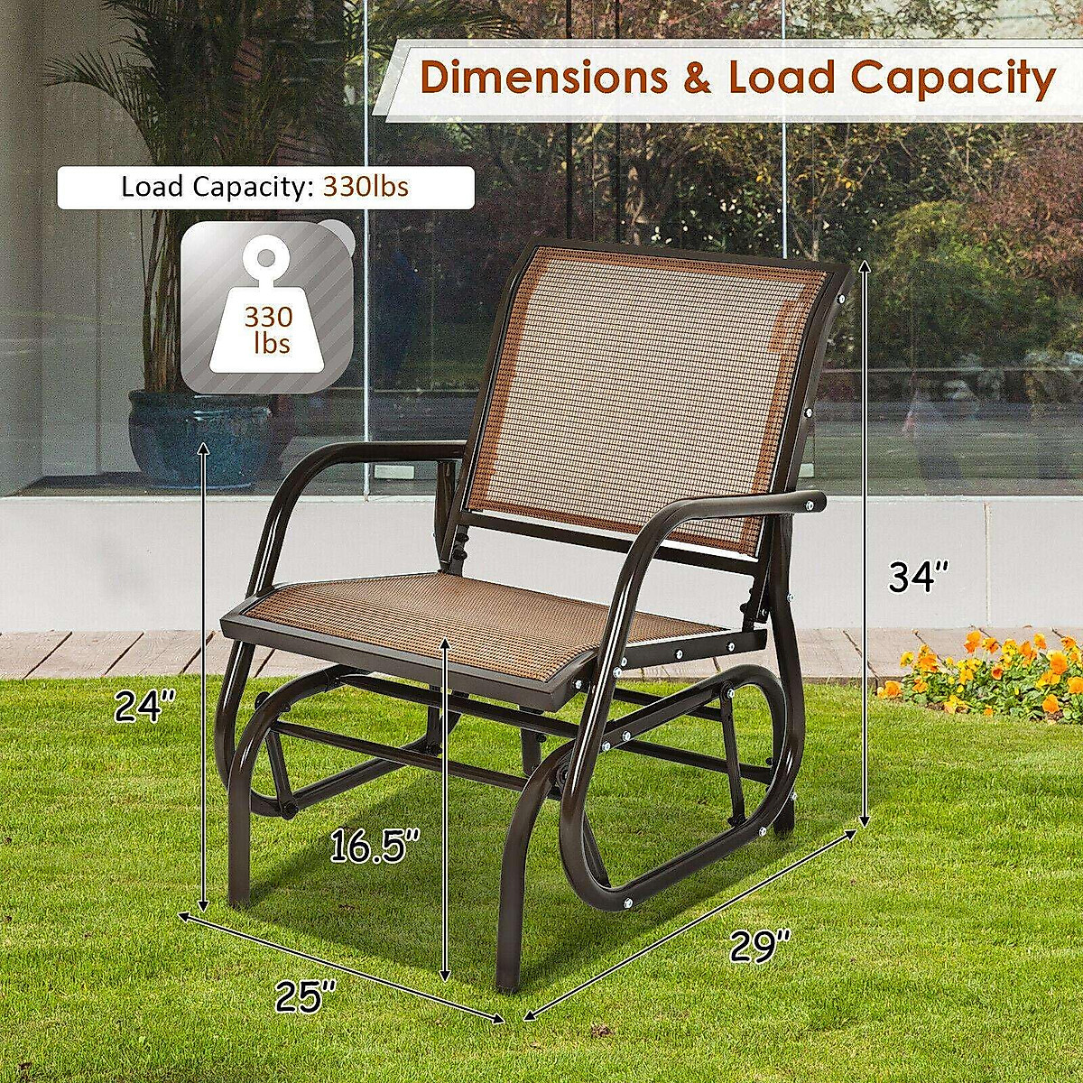 UYSB Outdoor Single Swing Glider Rocking Chair Armrest Garden Porch Backyard Brown Chair Rocking Chair Rocker Chair Rocker Camp Chair Rocker Recliner Rocking Camp Chair Rocking Chairs