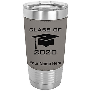 LaserGram 20oz Vacuum Insulated Tumbler Mug, Grad Cap Class of 2023, 2024, 2025, 2026, 2027, Personalized Engraving Included (Faux Leather, Gray)