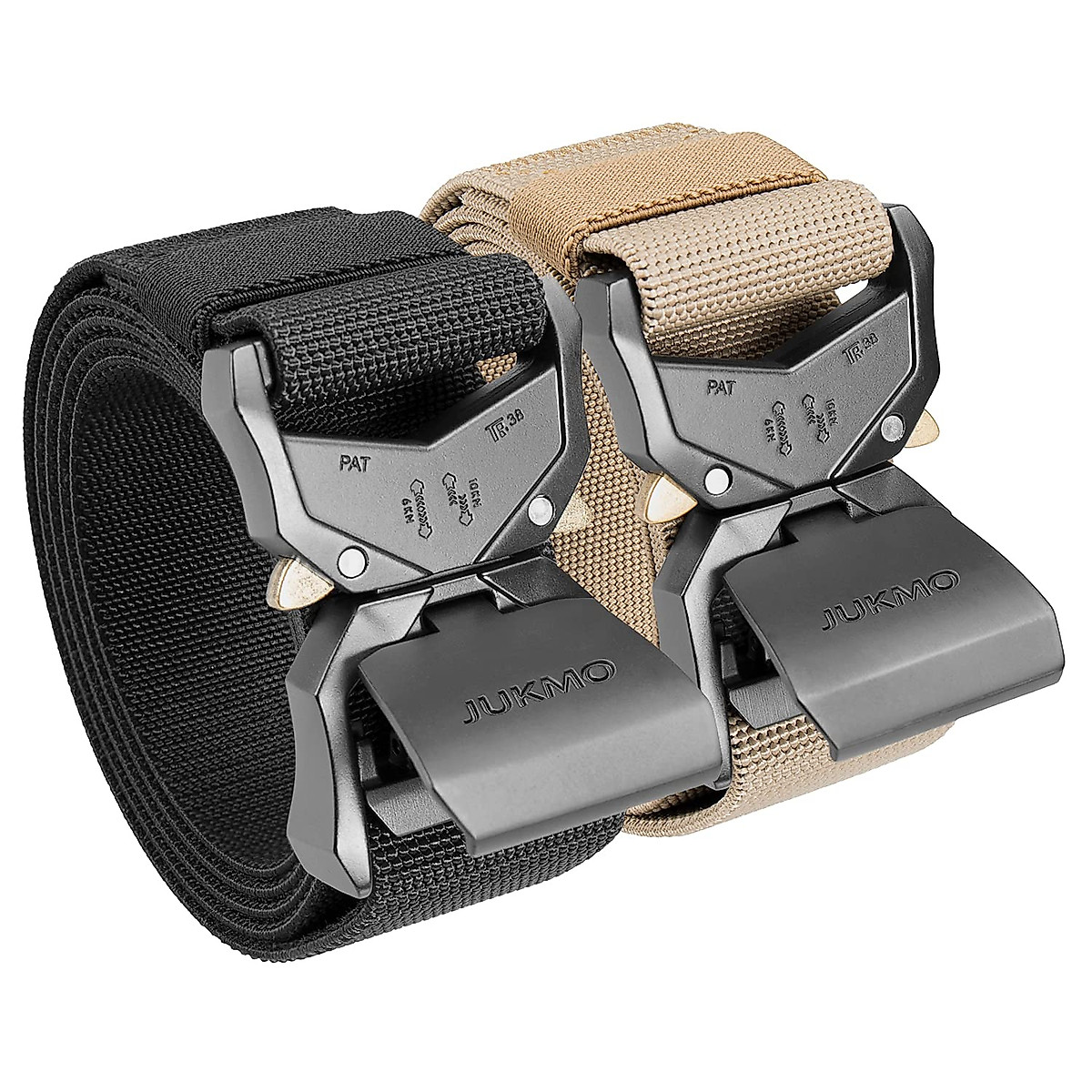 JUKMO Tactical Belt, 2 Pack Military Hiking Rigger 1.5" Nylon Web Work Belt with Heavy Duty Quick Release Buckle (Black+Coyote, Medium-for Waist 36"-42" (Length 49"))