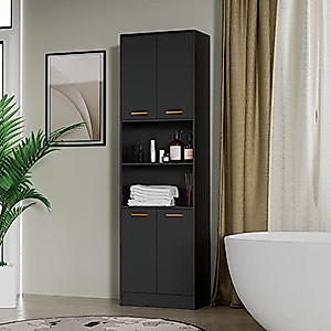 Cozy Castle Kitchen Pantry Storage Cabinet 75" Tall 4 Doors Wood Freestanding Cupboard with Open Countertop and Adjustable Shelves Utility Cabinets for Dining Room Living Room Laundry Bathroom, Black