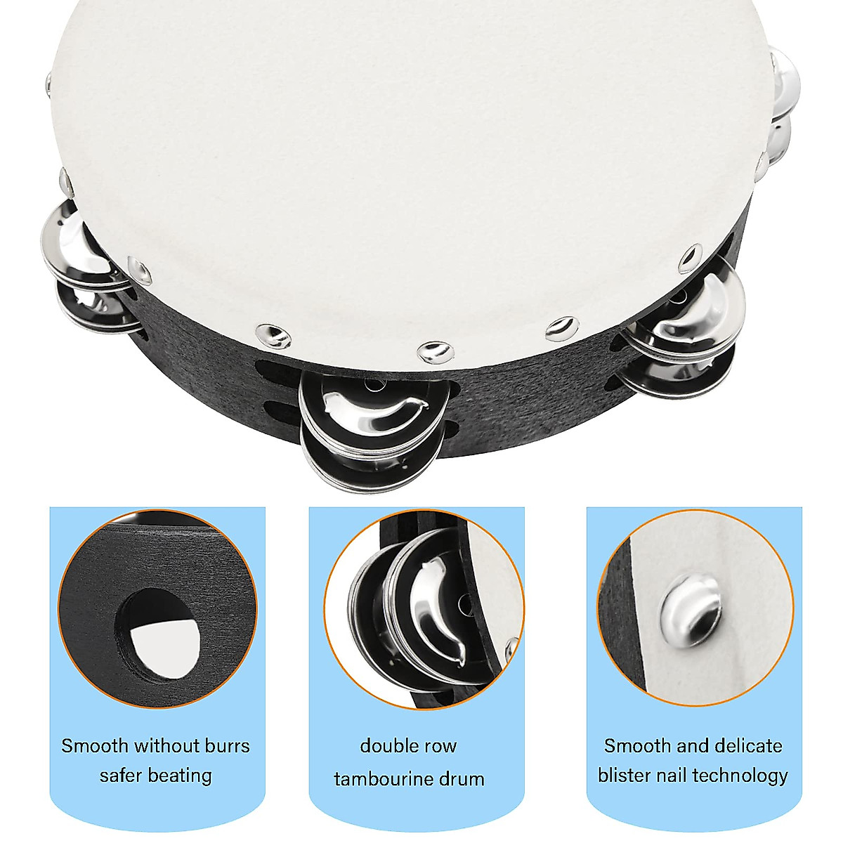 Tambourine for adults and kids (6 Inch and 8 Inch) Wood Handheld Tambourine Metal Jingles,Percussion Gift Musical Educational Instrument for Church KTV Party