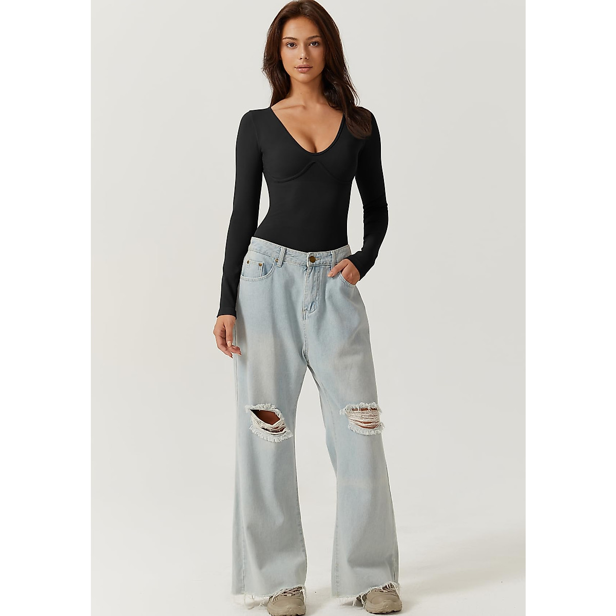 QINSEN Women's High Waist Seamless Slimming Fit Shirt Long Sleeve V Neck Bodysuit Top Black S