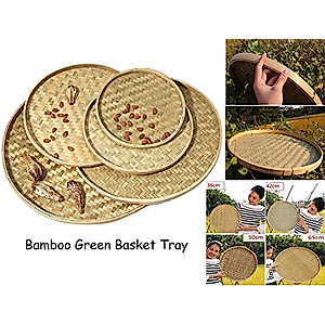 100% Handwoven Flat Wicker Round Fruit Basket Woven Food Storage Weaved Shallow Tray Organizer Holder Bowl Decorative Rack Display Kids DIY Drawing Board (No Hollow-Bamboo Green, 42cm/16.5")