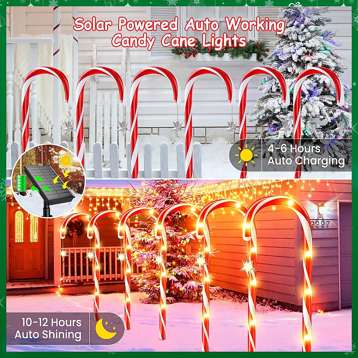 12PK Christmas Decorations Outside Solar Candy Cane Lights, KuBace Newest Solar Pathway Markers Yard Lights with Blinking Star, 9 Modes Xmas Decor for Yard Garden Driveway Walkway, Wider Solar Panel