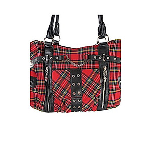 Lost Queen Red Royal Stewart tartan Plaid Punk Rock Purse with Handcuff Skull Charm, Large