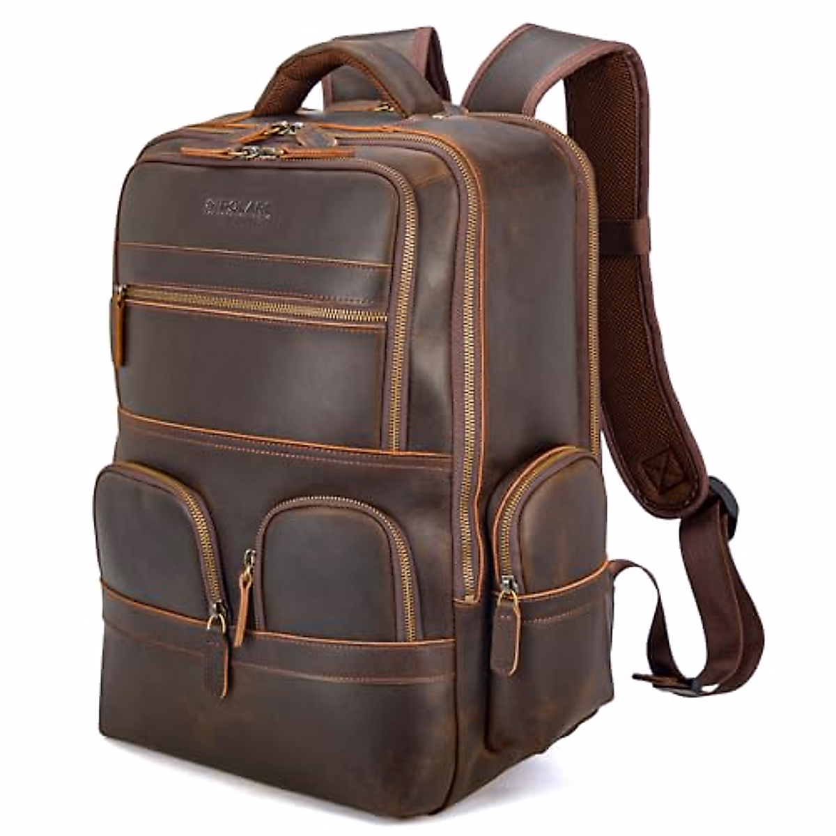 Polare Full Grain Leather 17.3 Inch Laptop Backpack 29L Large Business Overnight Weekender Rucksack Vintage Multi Pockets Travel Computer Bag