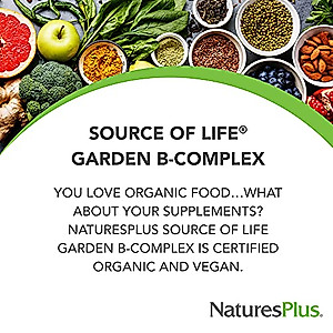 NaturesPlus Source of Life Garden Certified Organic B Complex - 60 Vegan Capsules - Complete Vitamin B Supplement, Energy Booster - Vegetarian, Gluten-Free - 30 Servings