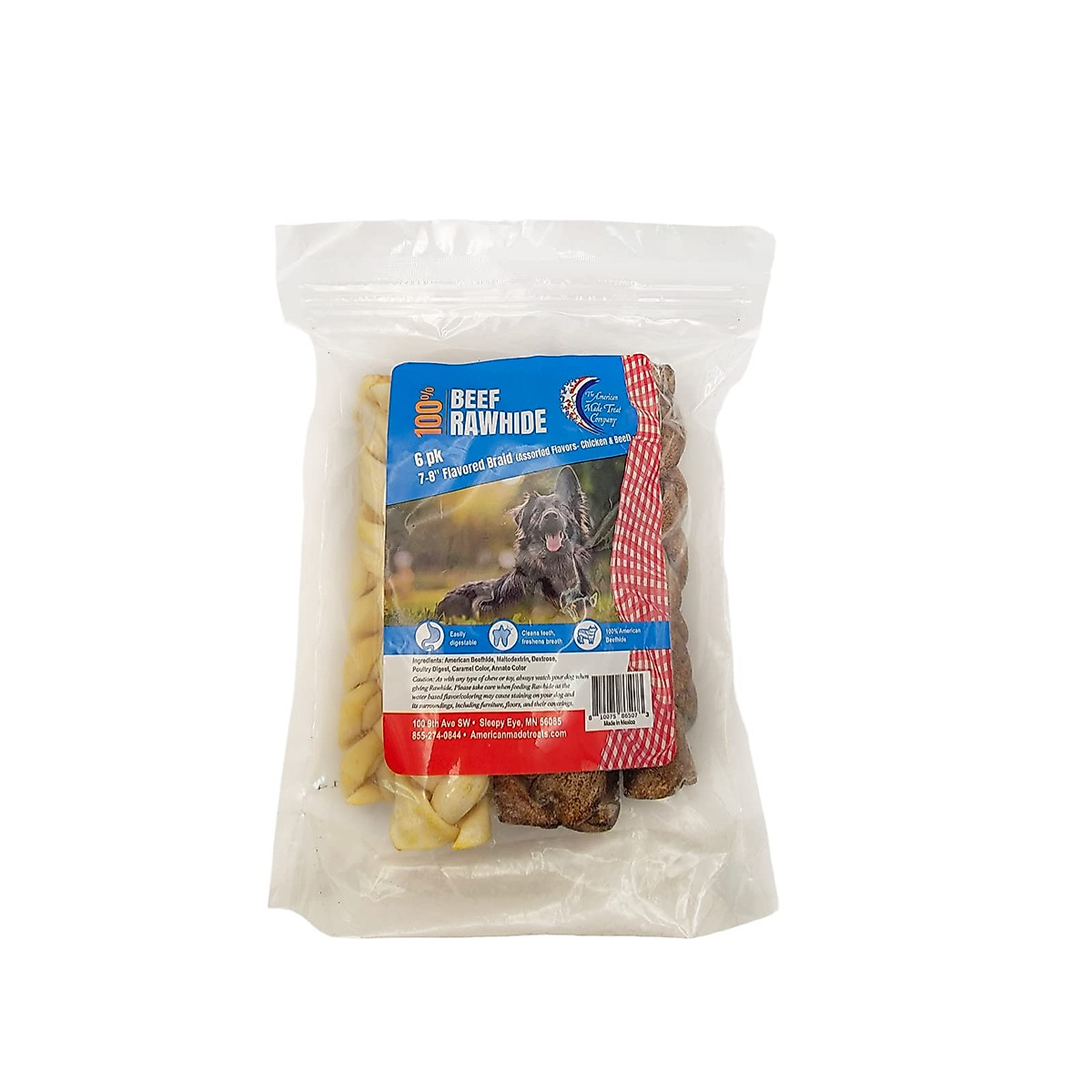 American Made Treat Co - Dog Treats, Beefhide Braids - Chicken and Beef Assorted Flavors Rawhide Chews for Dental Health & Protein - 7-8" - 6 Pack