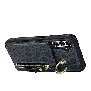 DEYHU for Samsung Galaxy A14 5G Case with Card Holder and Strap for Women,Crossbody Lanyard,Ring Stand,Snap Clasp,Phone Wallet Case - Black Leopard