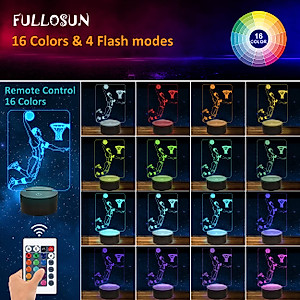 FULLOSUN Basketball 3D Night Light, Basketball Sport Gifts Bedside Lamp for Xmas Holiday Birthday Gifts for Kids Basketball Fan with Remote Control 16 Colors Changing + 4 Changing Mode + Dim Function