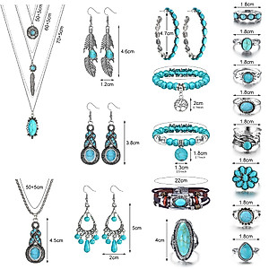 FIBO STEEL Bohemian Turquoise Jewelry Set for Women Western Jewelry Vintage Turquoise Pendant Necklace Turquoise Bead Bracelet Leather Cuff Bracelet Turquoise Dangle Earrings Turquoise Knuckle Rings Boho Jewelry