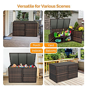 VINGLI Wicker Outdoor Deck Storage Box, 88 Gallon Storage Cabinet with Openable Door, Patio Waterproof Outdoor Rattan Storage Bin for Boooks, Garden Tools in Yard, Garden, Patio, Poolside, Brown