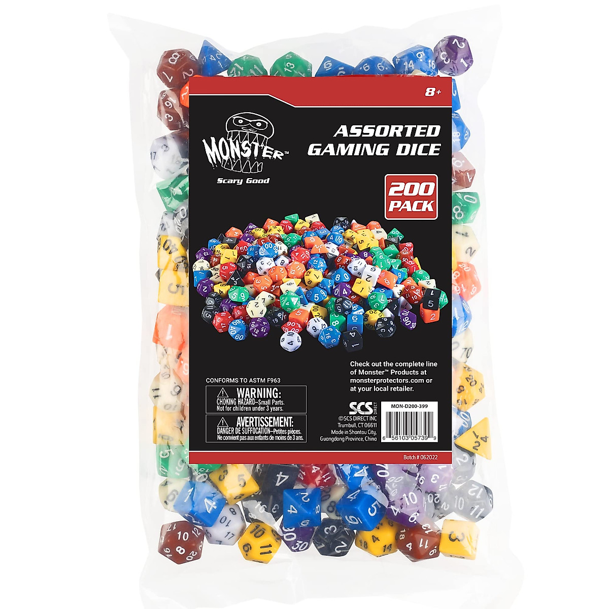 Monster Gaming 200 Dice Value Pack - 10 Multi-Colored Assorted Polyhedral Die, Compatible with Dungeons Dragons, MTG Magic, RPG DND & Board Games- Includes D4, D6, D8, D10, D12, D20