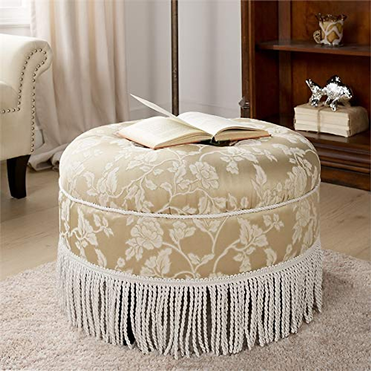 Jennifer Taylor Home Yolanda Collection Traditional Modern Cotton Blend Hand Tufted With Cord and Fringe Round Ottoman, Neutral 24" x 14"