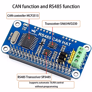 RS485 CAN HAT for Raspberry Pi 4B/3B+/3B/2B/B+/A+/Zero/Zero W/WH/Zero 2W, Long-Distance Communication via RS485/CAN Function Onboard CAN Controller MCP2515 via SPI Interface Transceiver SIT65HVD230DR
