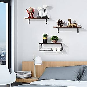Floating Shelf ,Floating Shelves Wall Mounted Set of 3 ,Solid Wood Floating Shelves with Brackets and Basket Set,Rustic Wood Wall Shelves for Kitchen Living Room,Bedroom Shelves,Bathroom Shelf (Black)