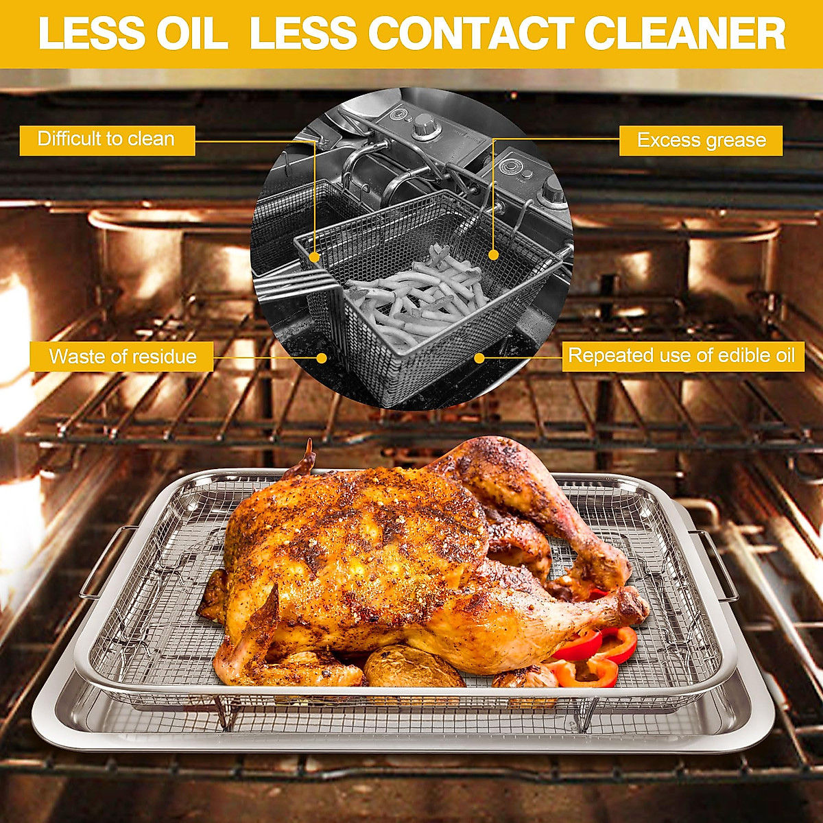 Air Fryer Basket for Oven 15 x 11 Inch Stainless Steel, Air Fryer Accessories Oven Rack and Crisper Tray, Bacon Cooker Broiler Pan for Oven, Bakeware Sets Oven Rack-2 Piece Large