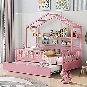 Twin Size House Bed for Kids, Wooden Floor Bed Frame with Trundle & House Roof Frame, Kids Bed Twin with Shelf, Guardrails & Slat Support, Box Spring Needed (Pink)