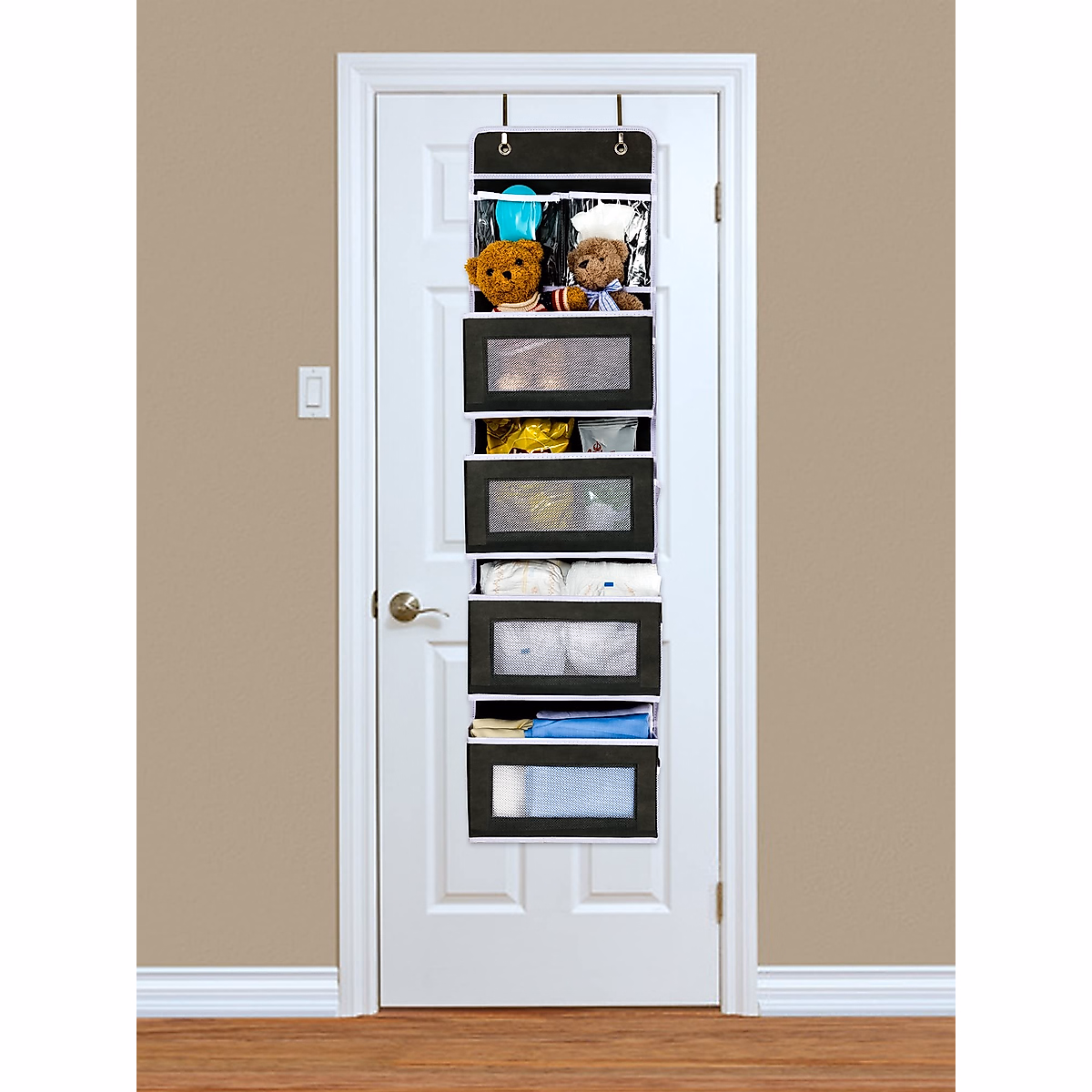 JARLINK 2 Pack Over The Door Hanging Organizer with 4 Large Pockets, Back of Door Storage for Baby Nursery Bathroom Bedroom Kitchen Dorm Closet Pantry Camper RV (Black)