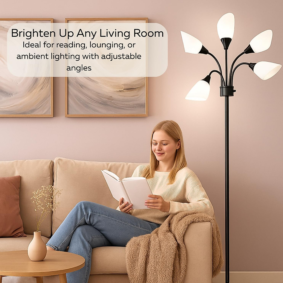 LIGHTACCENTS Modern Multi Head Floor Lamp - Medusa 5 Light Standing Lamp Tall Bedroom Lamp with 5 Positionable Bright Acrylic White Shades with 3-Light Mode Switch(Silver)