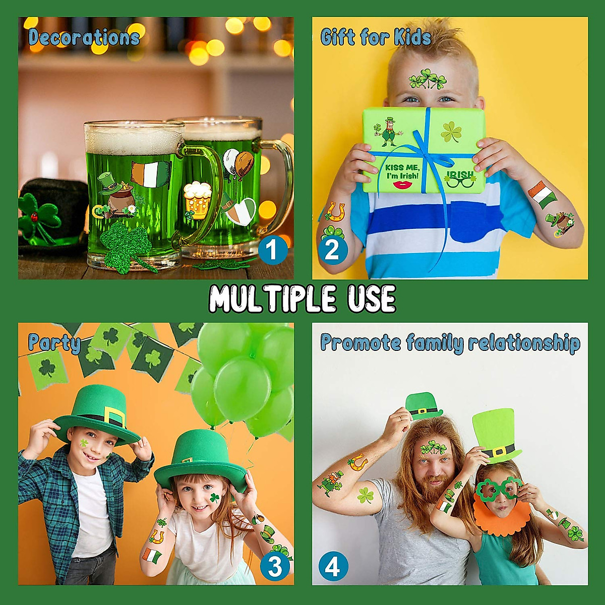 Partywind 70 PCS (10 Sheets) St Patrick's Day temporary Tattoos for Kids, St Patrick's Day Shamrock Decorations Accessories Party Favors Supplies, Cute Irish Saint Patrick's Day Face Tattoos Stickers