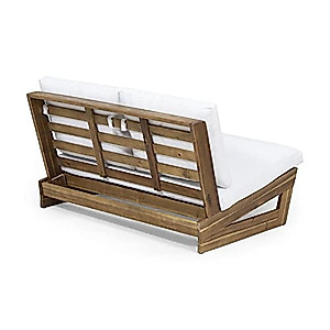 Great Deal Furniture Kaitlyn Outdoor Acacia Wood Loveseat with Cushions, Teak and White