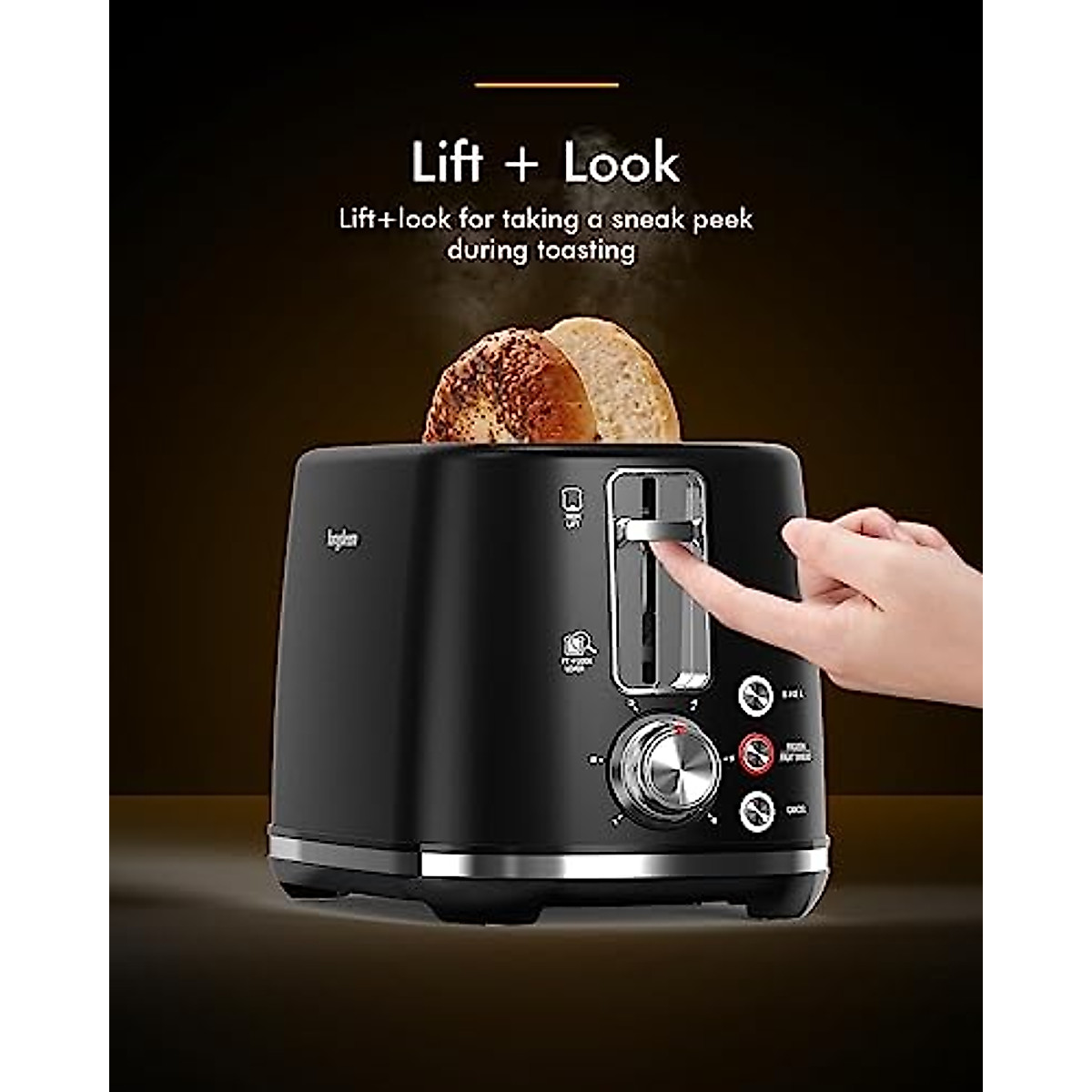 Longdeem 2-Slice Toaster, Extra Wide Slots, 6 Browning Options With Lift and Look, Auto Shut-Off & Frozen Function for Toasting Fruit Bread, Bagels & Waffles, Removable Crumb Tray, Matte Black
