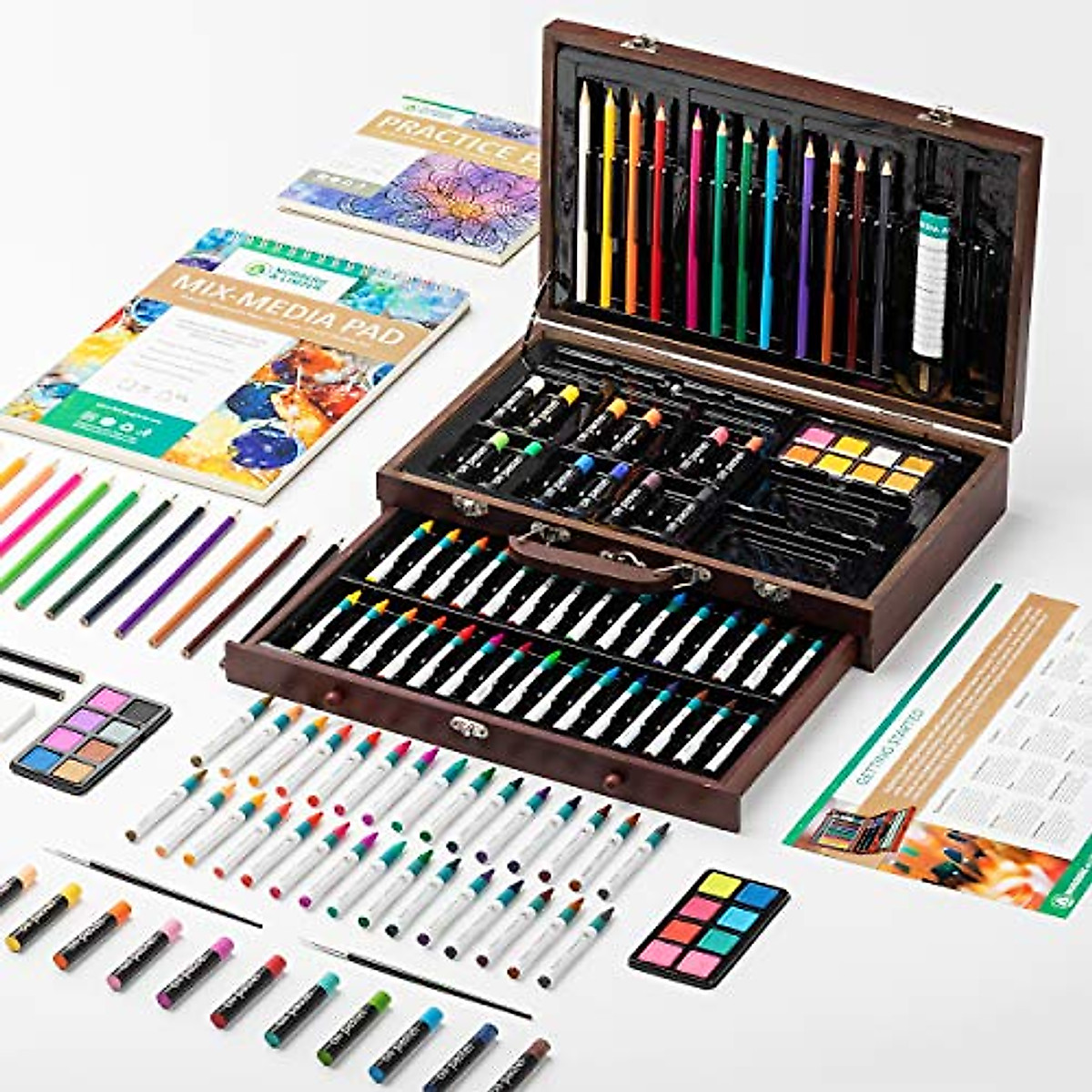 Norberg & Linden Art Supplies, XXL144 Art Set in Deluxe Wooden Box with Drawer Includes Crayons, Oil Pastels, Watercolor Paints, Colored Pencils, Sharpener, Sketch Pad for Adults and Kids