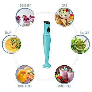 Elite Gourmet EHB-2425BL Aqua Electric Immersion Hand Blender, 150 Watts, For Soups, Sauces, Baby Food, Blue