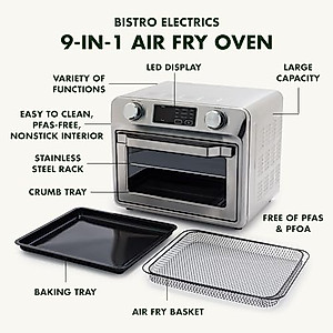GreenPan Bistro Stainless Steel 9-in-1 Air Fry Oven, Nonstick Baking Pan, Stainless Steel Rack, and Basket, Fast Heating, Multifunction Presets, Cool-Touch Handle, PFAS-Free, Easy Cleanup Crumb Tray