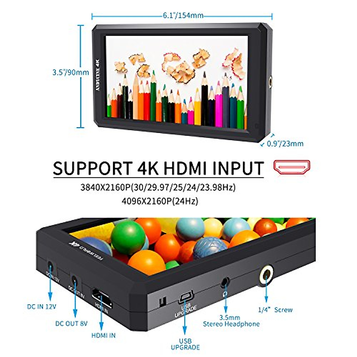 FEELWORLD F6+Battery+ Integrated Battery Charger + Micro&Mini HDMI Cords 5.7Inch FHD IPS On Camera 4K HDMI Monitor with Swivel Arm and 8V DC Power Output