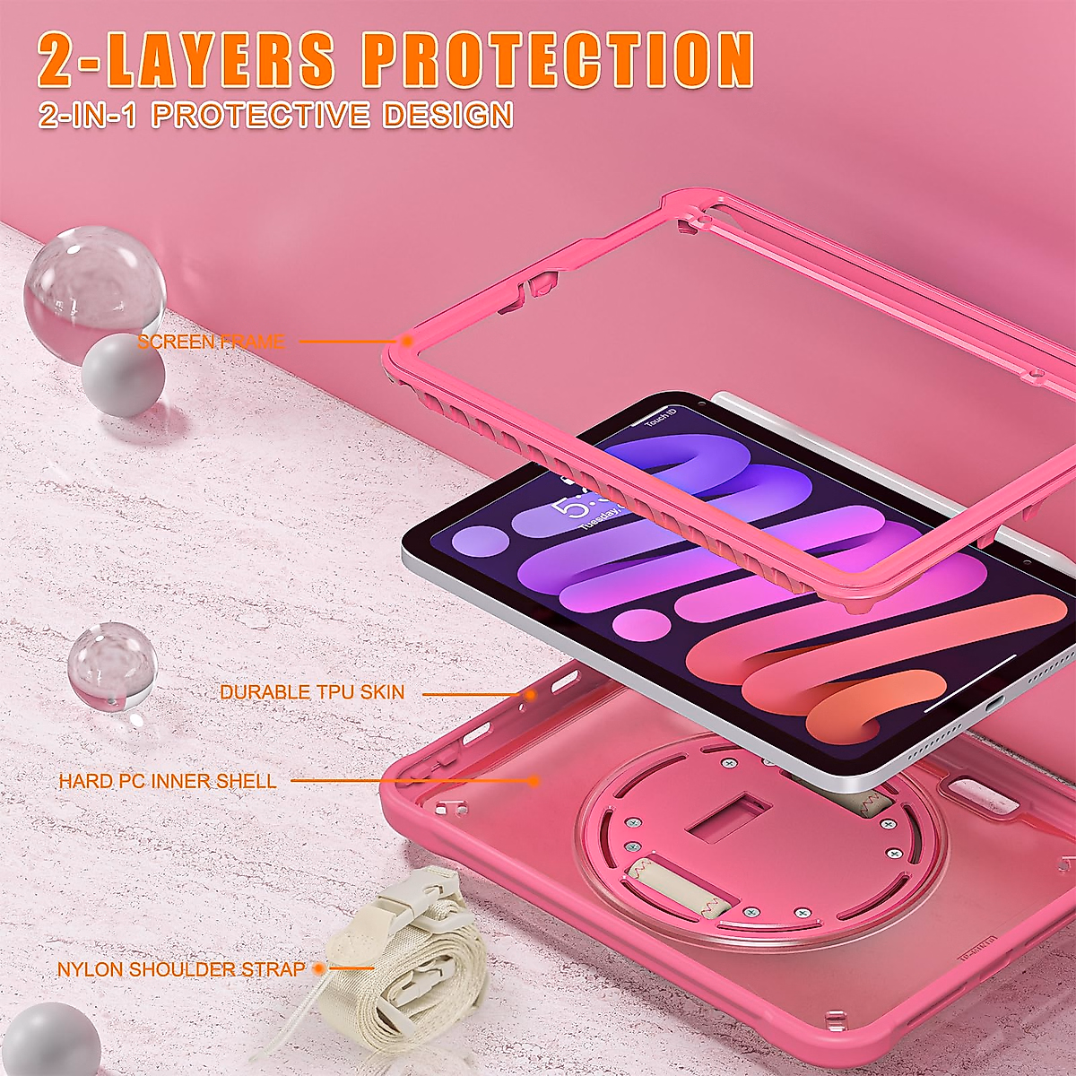 Batianda Case for iPad Mini 6 8.3 Inch 2021 with Pencil Holder Heavy Duty Rugged Shockproof Tablet Cover with 360° Rotating Hand Strap Foldable Hidden Stand & Shoulder Strap, Pink