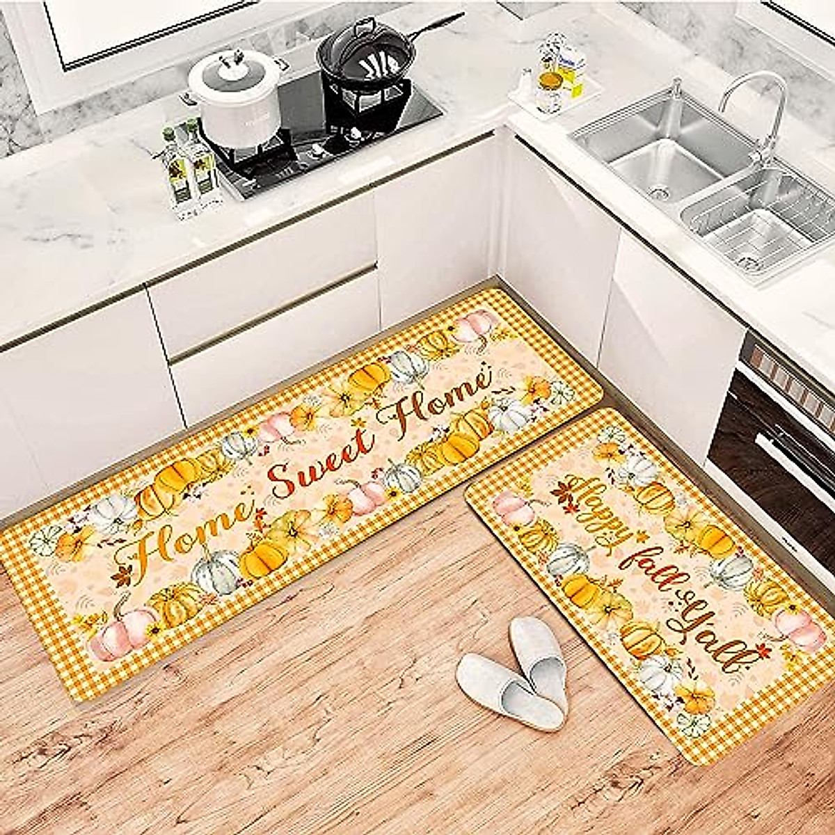 Fall Kitchen Mats, Happy Fall Yall Kitchen Rugs for floor Set of 2, Pumpkins Kitchen Rugs and Mats Non Slip, Autumn Leaves Sunflower Home Sweet Home Decor Gifts for Office Laundry, 17x29+17x47 Inch