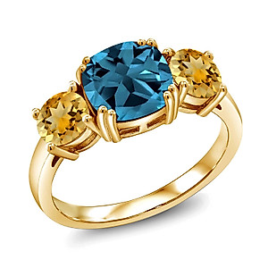 Gem Stone King 18K Yellow Gold Plated Silver London Blue Topaz and Yellow Citrine 3 Stone Engagement Ring For Women (4.10 Cttw, Gemstone November Birthstone, Cushion 8MM, Size 5)