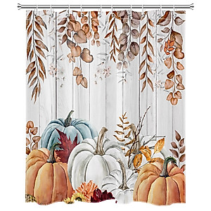 LB Fall Pumpkin Shower Curtain for Bathroom, Brown Autumn Eucalyptus Leaf with Flower on Vintage Grey Wood Fabric Shower Curtain with Hooks, Farmhouse Plant Bathroom Curtain Shower Set, 60" W x 72" L