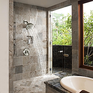 KINSE Brushed Nickel Shower Faucet Set, Shower Valve and Trim Kit With 5 Inches Rain Shower Fixtures, 5-Spray Shower Head and Faucet Set, Single Handle Control Shower Faucet Set with Valve