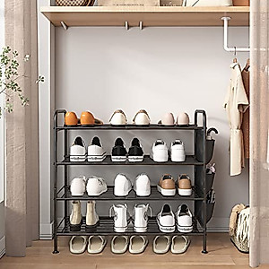 SORCEDAS Shoe Rack 4 Tier Black Wide Metal Storage Organizer Shelf with Removable Side Pockets for Closet, Entryway,Garage, Bedroom, Cloakroom (Black, 4 Tier)